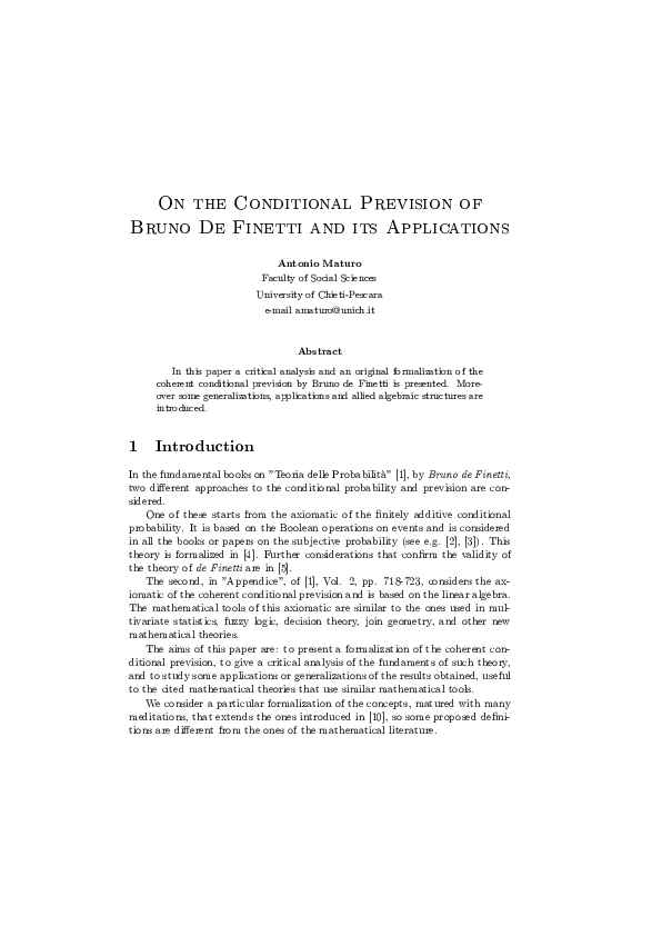(PDF) On the Conditional Prevision of Bruno De Finetti and Its Applications