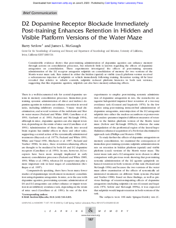 (PDF) D2 Dopamine Receptor Blockade Immediately Post-training Enhances ...