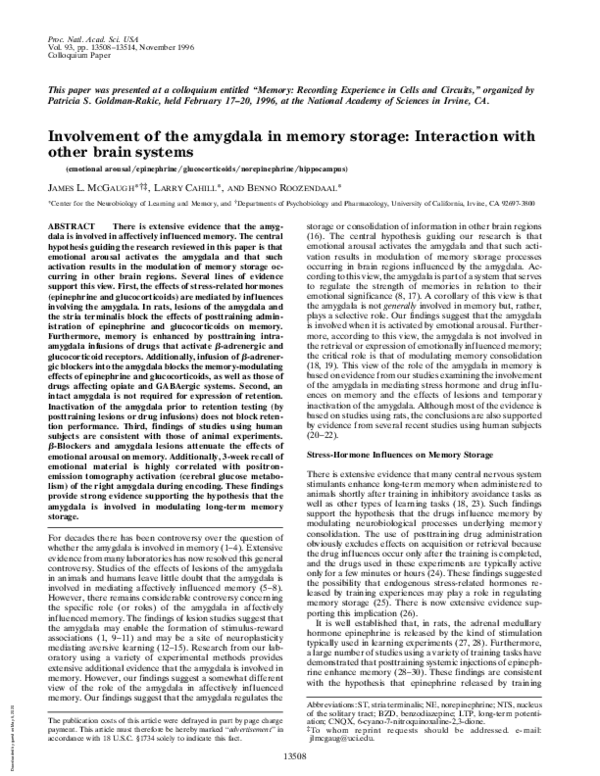 (PDF) Involvement of the amygdala in memory storage: Interaction with ...