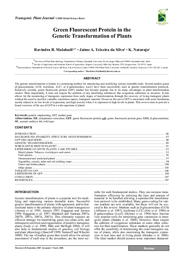 (PDF) Green Fluorescent Protein in the Genetic Transformation of Plants