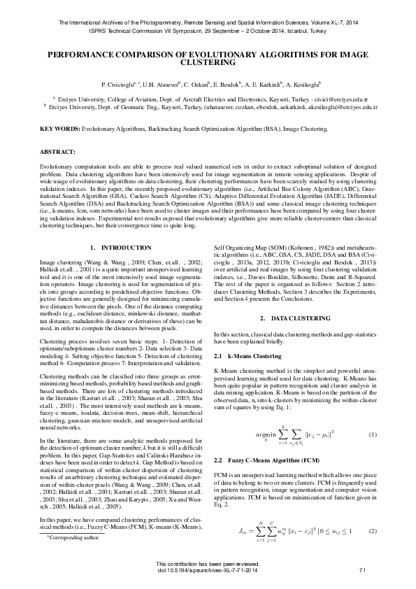 (PDF) Performance Comparison Of Evolutionary Algorithms For Image Clustering
