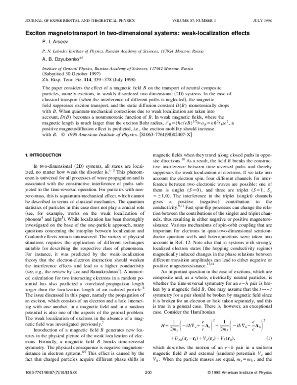 (PDF) Exciton magnetotransport in two-dimensional systems: Weak ...
