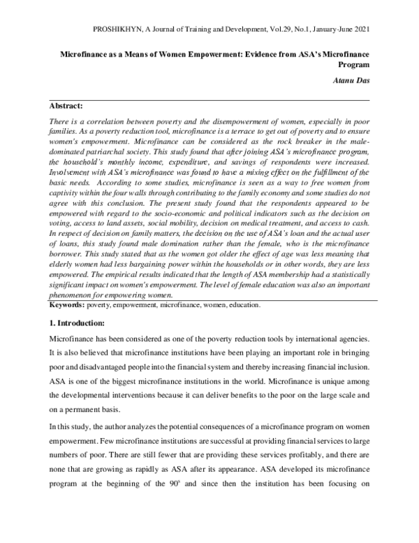 (PDF) Microfinance as A Means of Women Empowerment: Evidence from ASA's ...