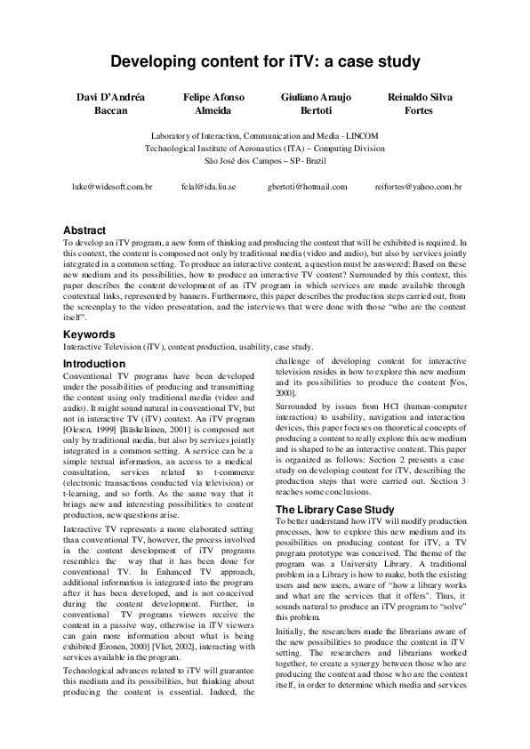 (PDF) Developing content for iTV: a case study