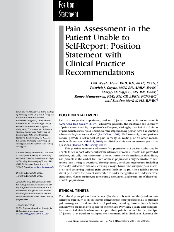 (PDF) Pain Assessment in the Patient Unable to Self-Report: Position ...