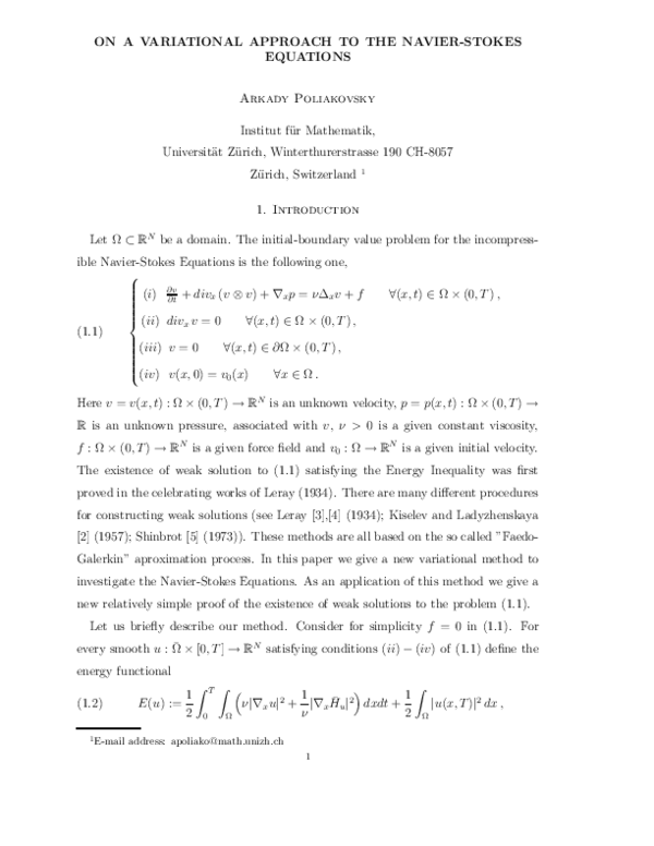 Pdf Weak Variational Formulation For The Constrained Navier Stokes Equations Takeshi Fukao