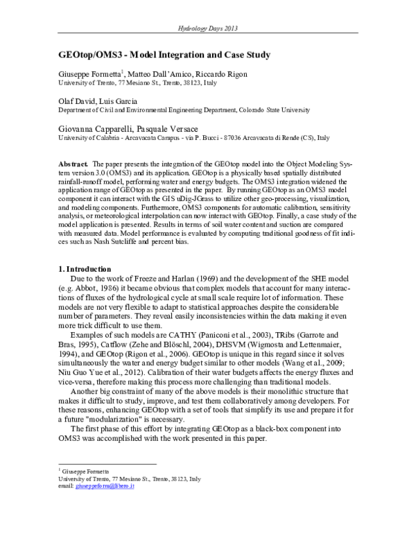 (PDF) GEOtop / OMS 3-Model Integration and Case Study