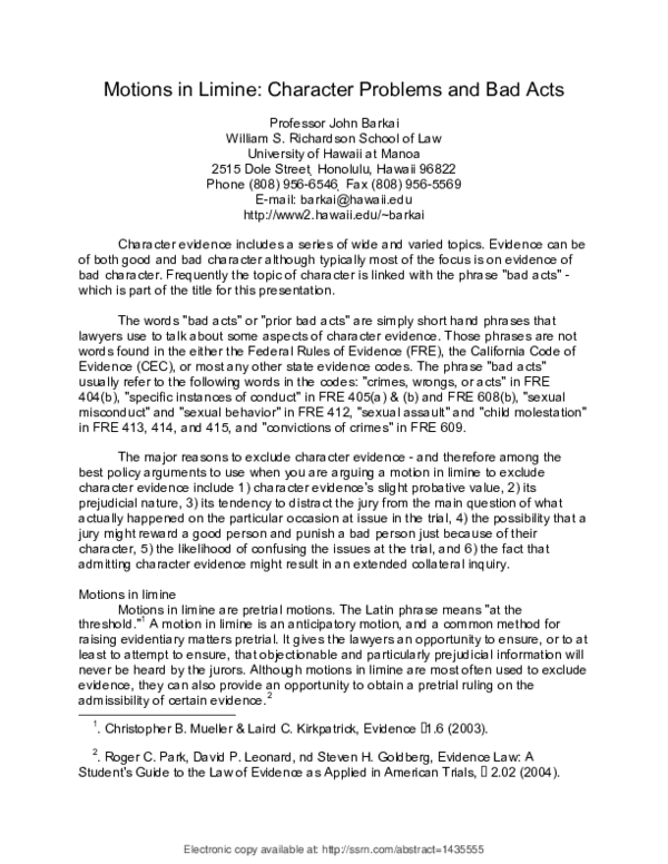 (PDF) Motions in Limine: Character Problems and Bad Acts