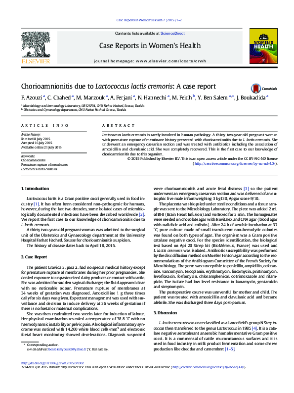 (PDF) Chorioamnionitis due to Lactococcus lactis cremoris: A case report