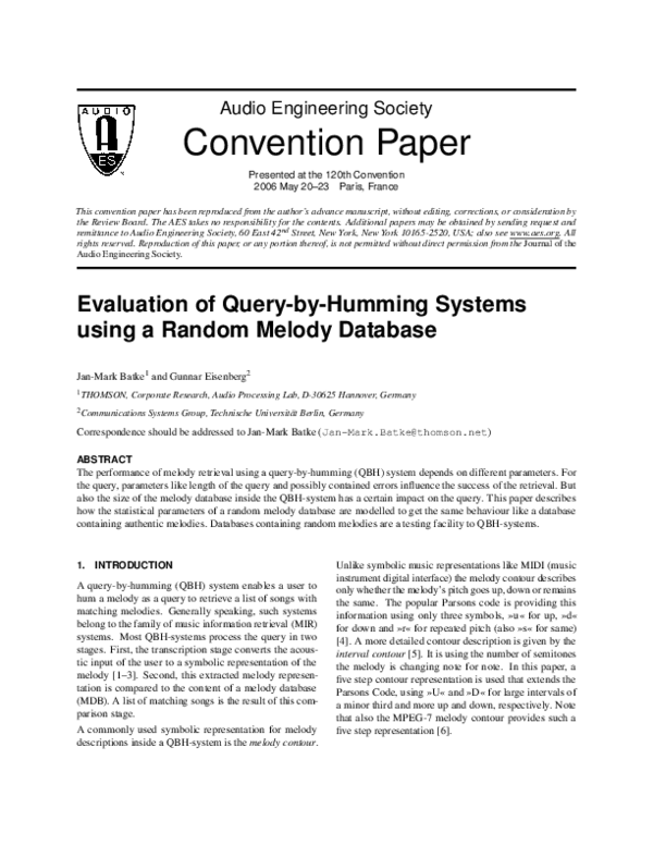(PDF) Evaluation of Query-by-Humming Systems using a Random Melody Database
