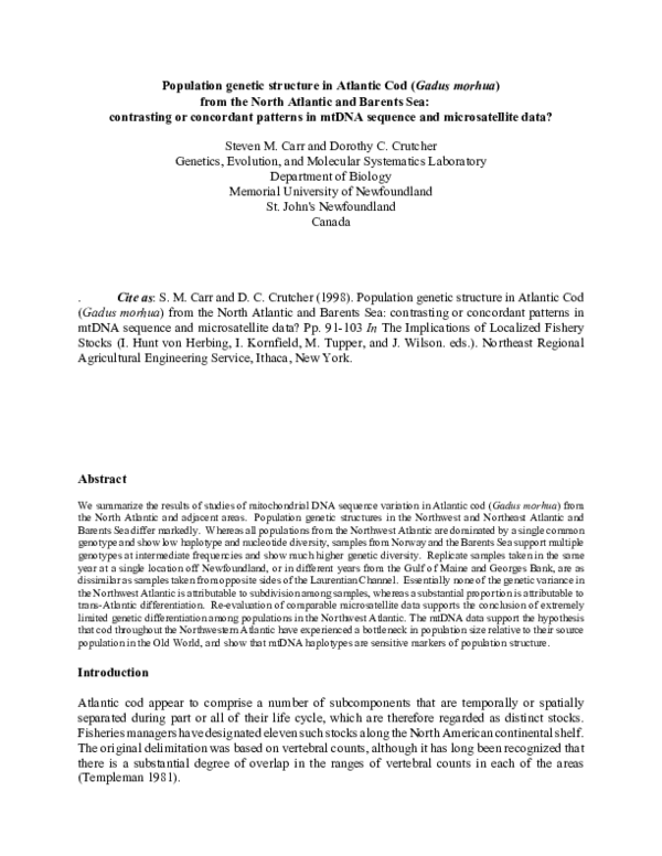(PDF) Population genetic structure in Atlantic Cod ( Gadus morhua ...