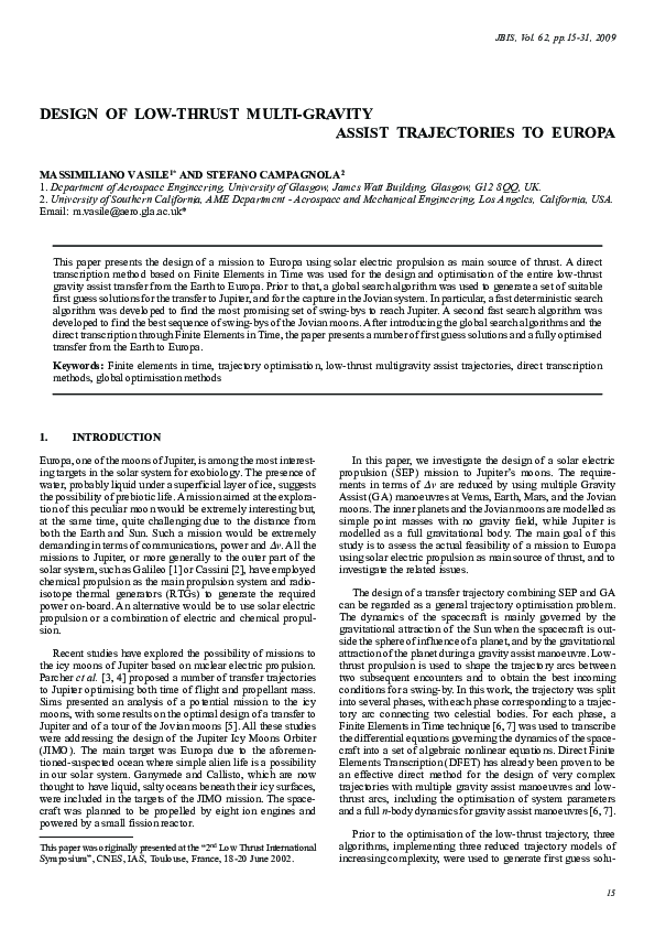 Pdf Design Of Low Thrust Multi Gravity Assist Trajectories To Europa Design Of Low Thrust