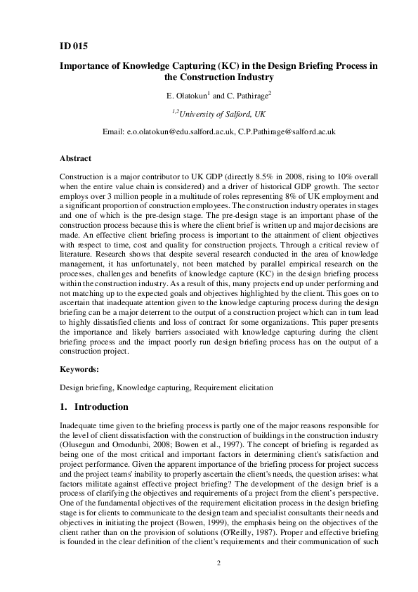 (PDF) Importance of knowledge capturing (KC) in the design briefing process in the construction ...