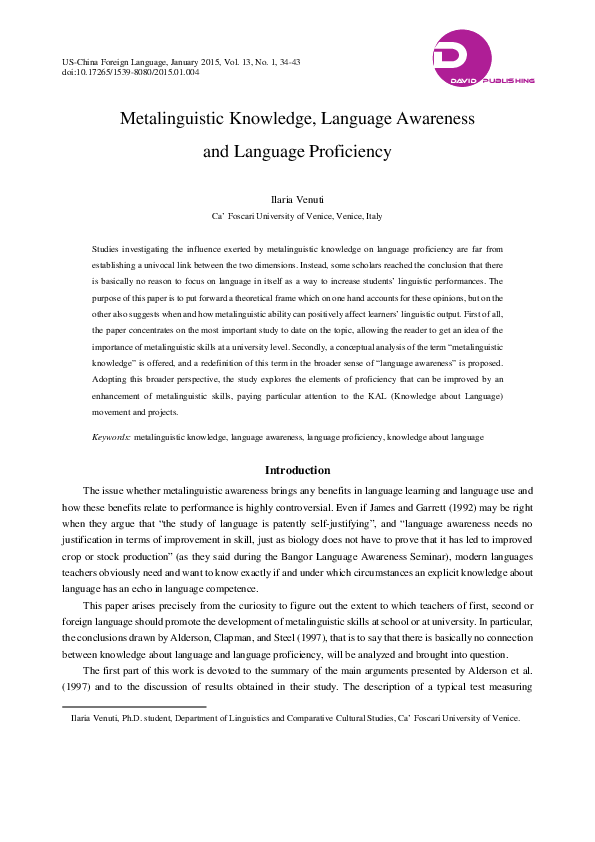 (PDF) Metalinguistic Knowledge, Language Awareness and Language Proficiency