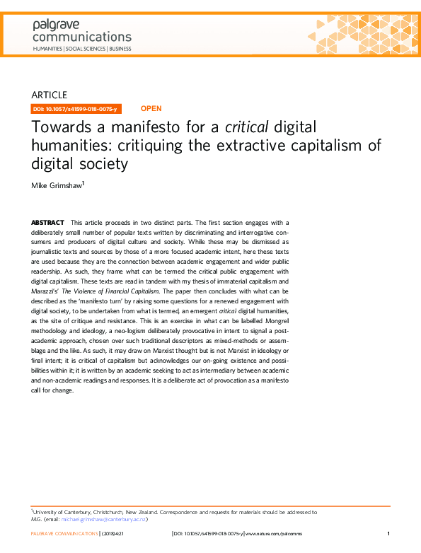 (PDF) Towards a manifesto for a critical digital humanities: critiquing ...