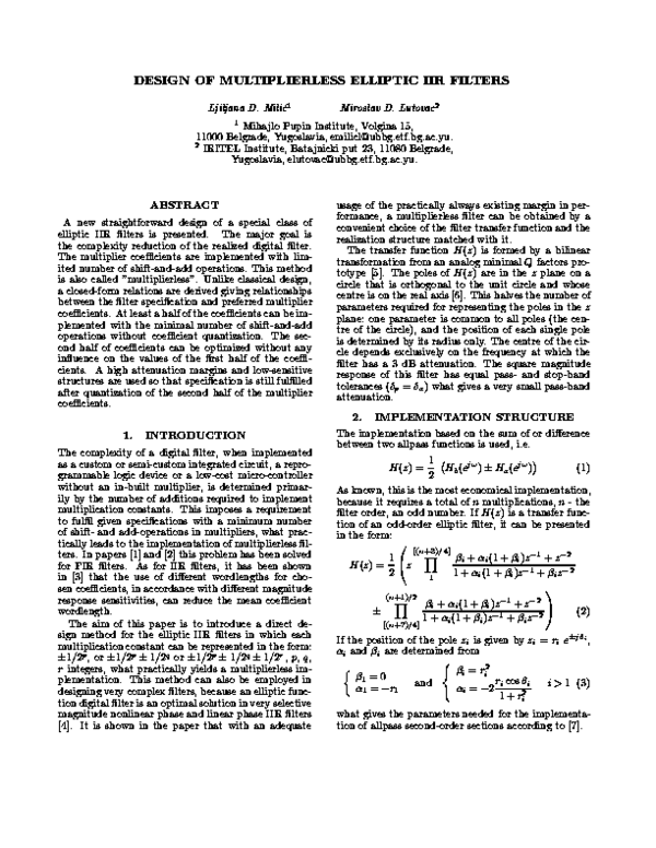 (PDF) Design of multiplierless elliptic IIR filters with a small ...