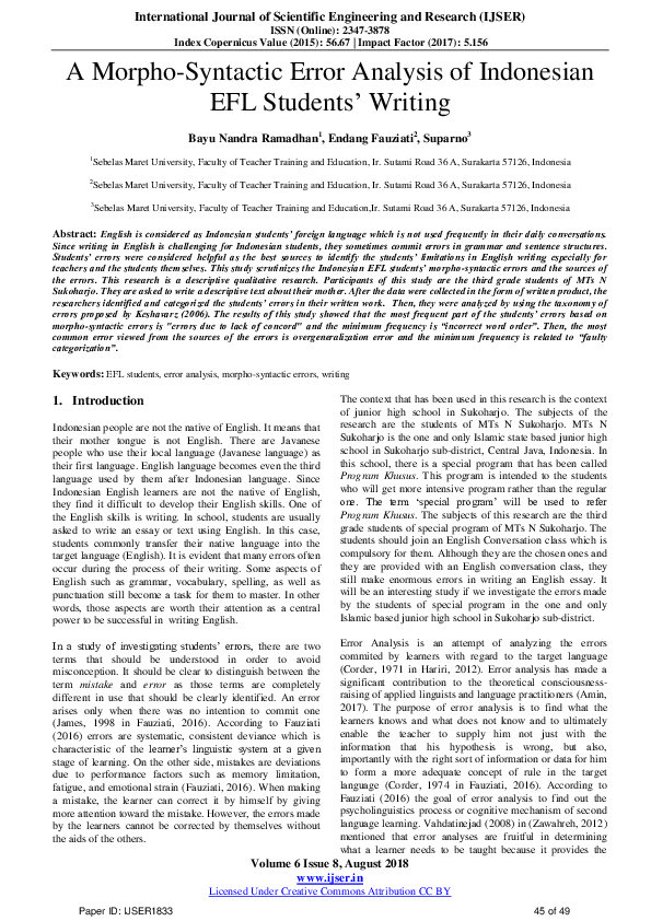 A Morpho-Syntactic Error Analysis of Indonesian EFL Students' Writing