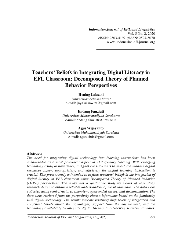 (PDF) Teachers’ Beliefs in Integrating Digital Literacy in EFL ...