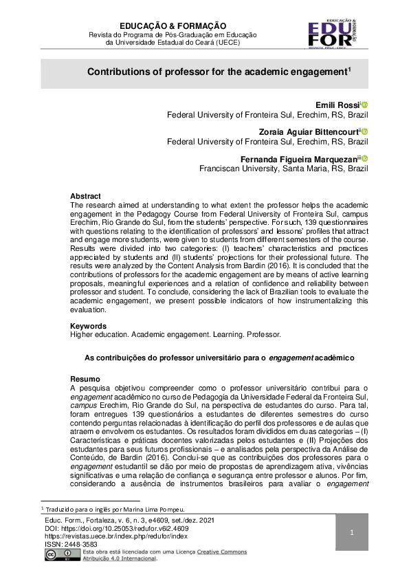 (PDF) Contributions of professor for the academic engagement