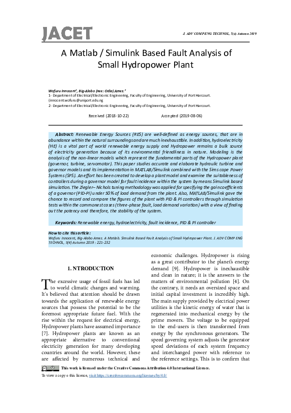 (PDF) A Matlab / Simulink Based Fault Analysis of Small Hydropower Plant