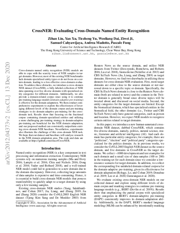 Pdf Crossner Evaluating Cross Domain Named Entity Recognition Samuel Cahyawijaya