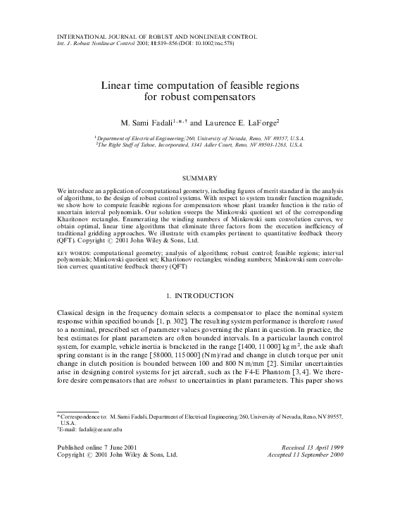 Pdf Linear Time Computation Of Feasible Regions For Robust Compensators M Fadali
