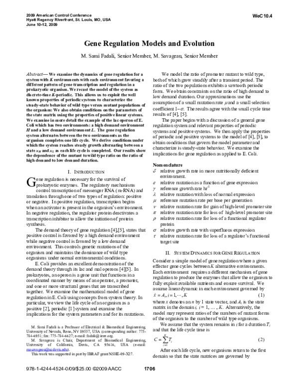 (PDF) Gene regulation models and evolution