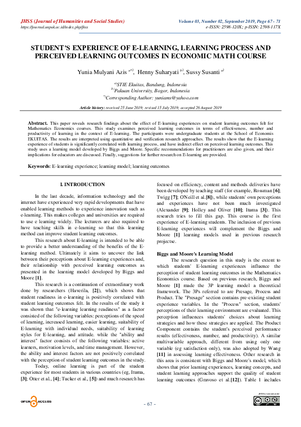 (PDF) Student’s Experience of E-Learning, Learning Process and ...