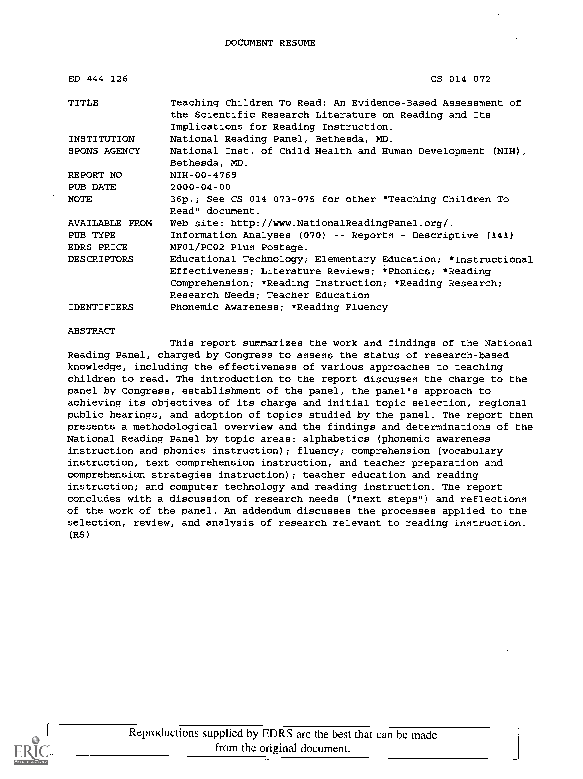 (PDF) National Reading Panel TEACHING CHILDREN TO READ : An Evidence ...