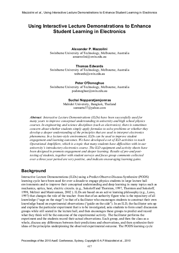 (PDF) Using Interactive Lecture Demonstrations to Enhance Student Learning in Electronics