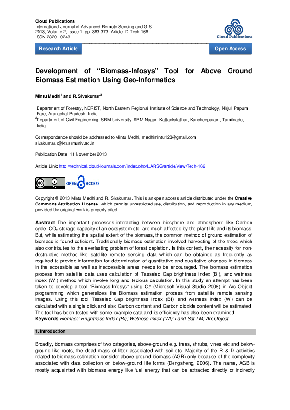 (PDF) Development of "Biomass-Infosys" Tool for Above Ground Biomass Estimation Using Geo ...