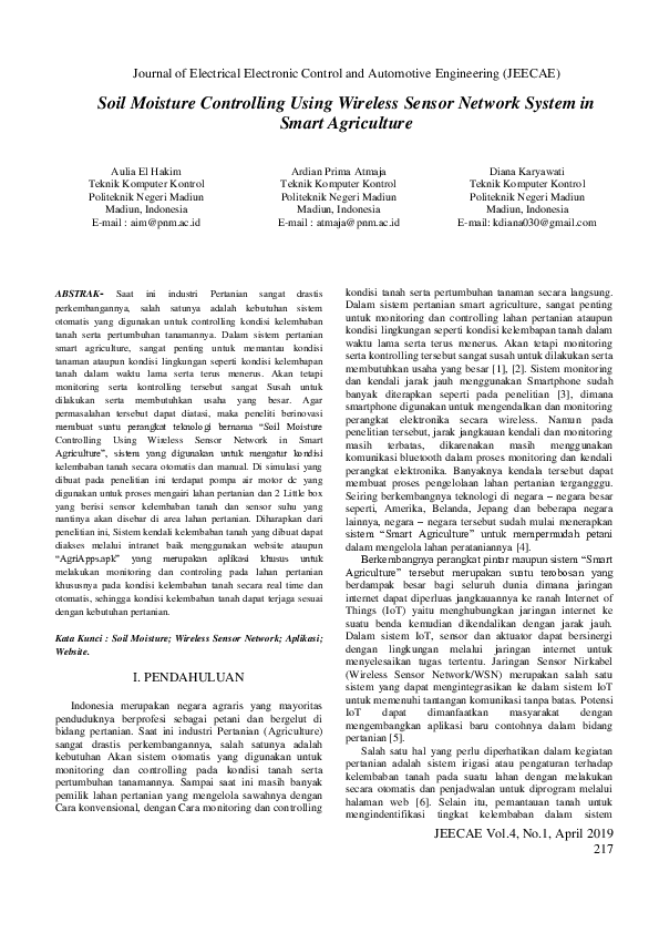 (PDF) Soil Moisture Controlling Using Wireless Sensor Network System in Smart Agriculture