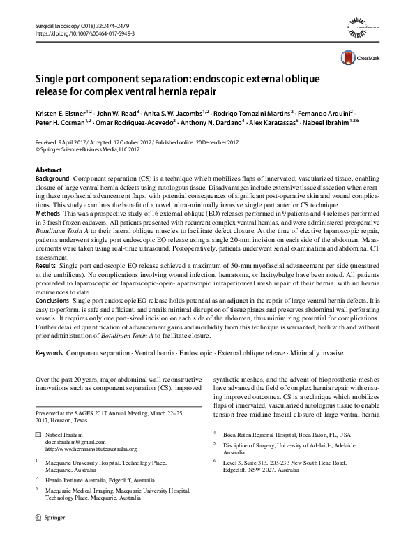 (PDF) Single port component separation: endoscopic external oblique ...