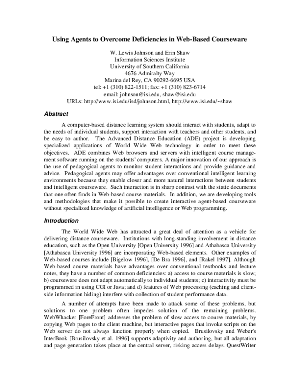 (PDF) Using agents to overcome deficiencies in web-based courseware