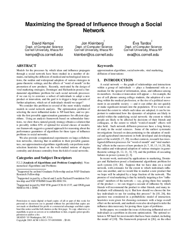 (PDF) Maximizing the spread of influence through a social network