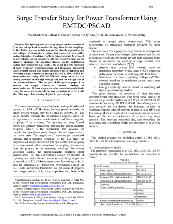 (PDF) Surge Transfer Study for Power Transformer Using EMTDC / PSCAD