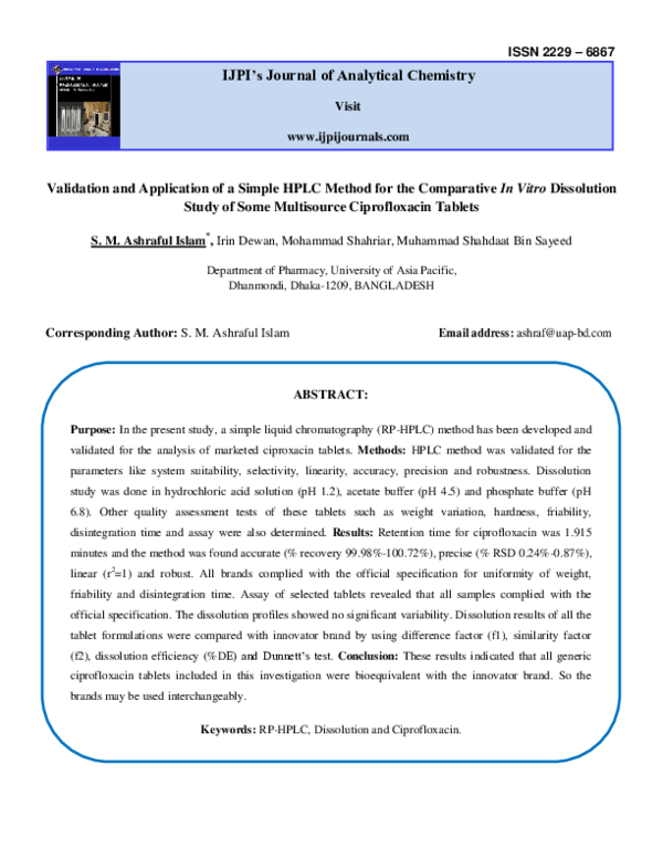 (PDF) Validation and Application of a Simple HPLC Method for the Comparative In Vitro ...
