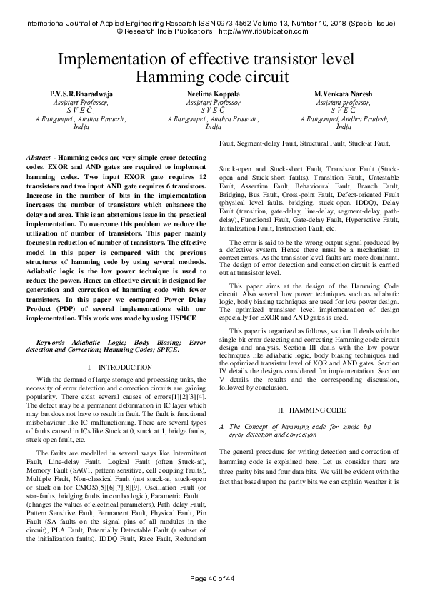 (PDF) Implementation of effective transistor level Hamming code circuit