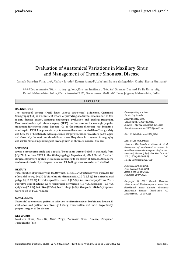 (PDF) Evaluation of Anatomical Variations in Maxillary Sinus and Management of Chronic Sinonasal ...
