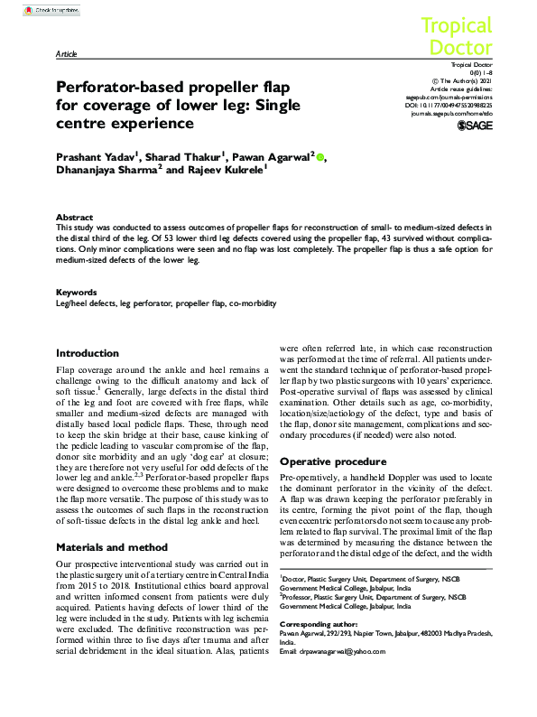(PDF) Perforator-based propeller flap for coverage of lower leg: Single ...