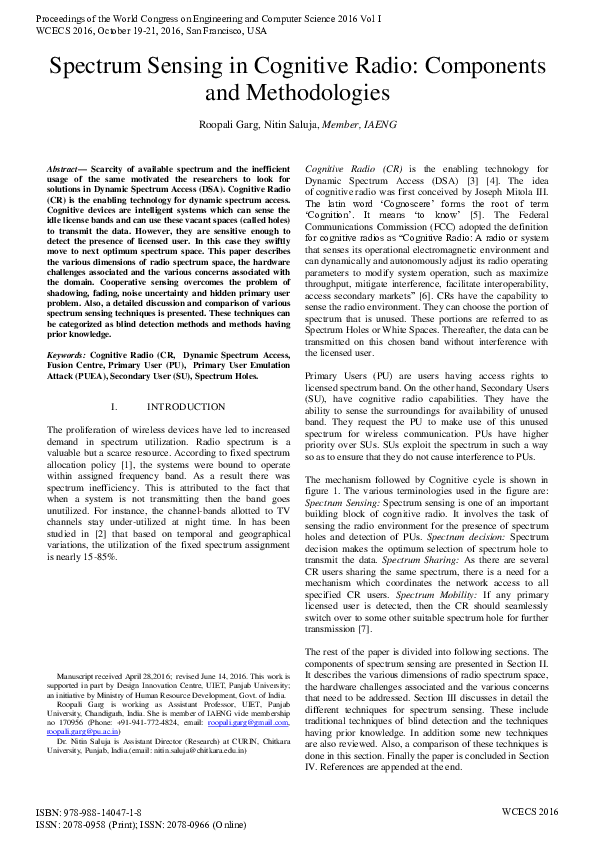 (PDF) Spectrum Sensing in Cognitive Radio : Components and Methodologies