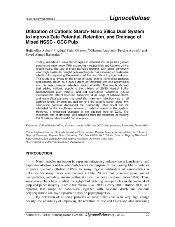 (PDF) Utilization of Cationic Starch-Nano Silica Dual System to Improve ...