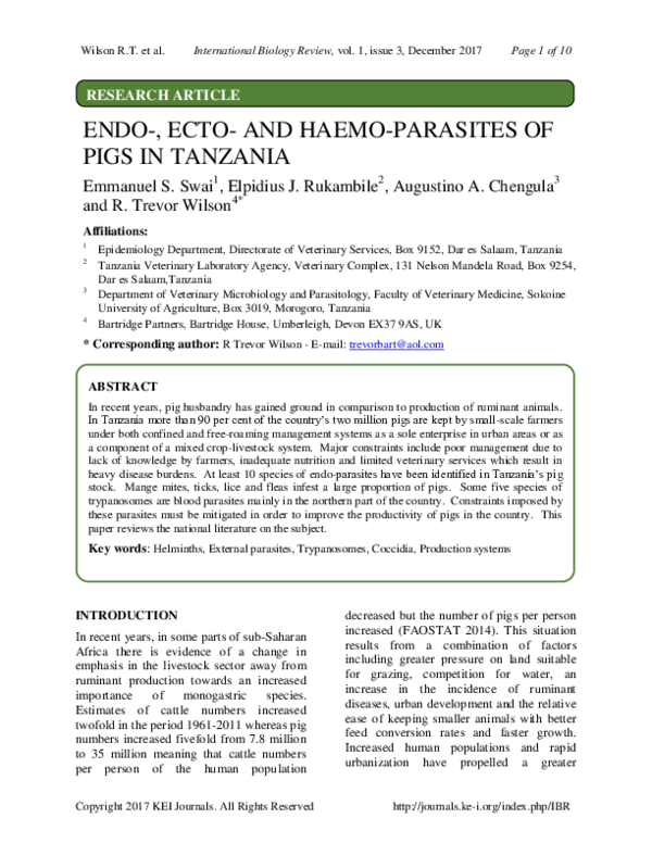 (PDF) Endo-, Ecto- And Haemo-Parasites Of Pigs In Tanzania