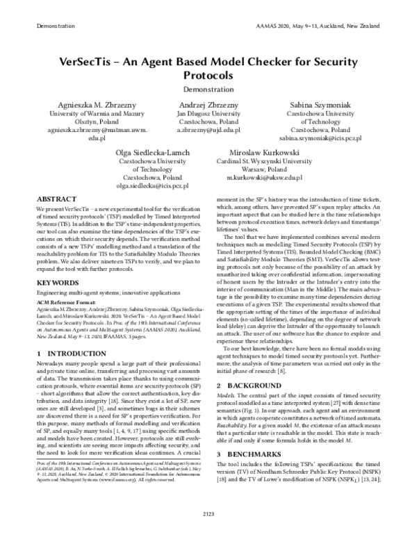 (PDF) VerSecTis - An Agent based Model Checker for Security Protocols | Sabina Szymoniak ...