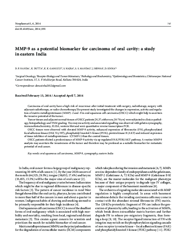 (PDF) MMP-9 as a potential biomarker for carcinoma of oral cavity: a ...