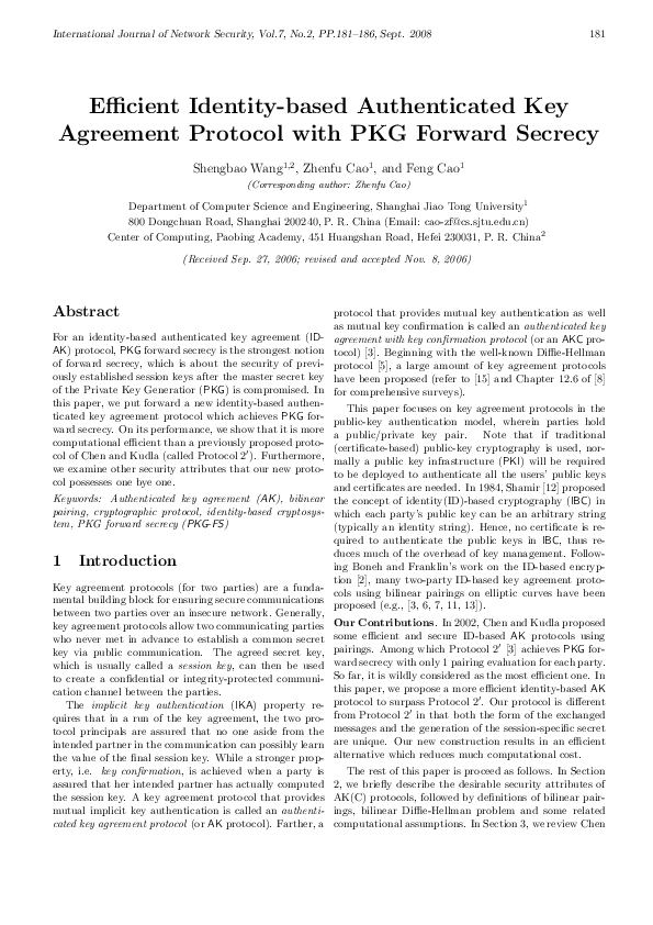 (PDF) Efficient Identity-based Authenticated Key Agreement Protocol with PKG Forward Secrecy