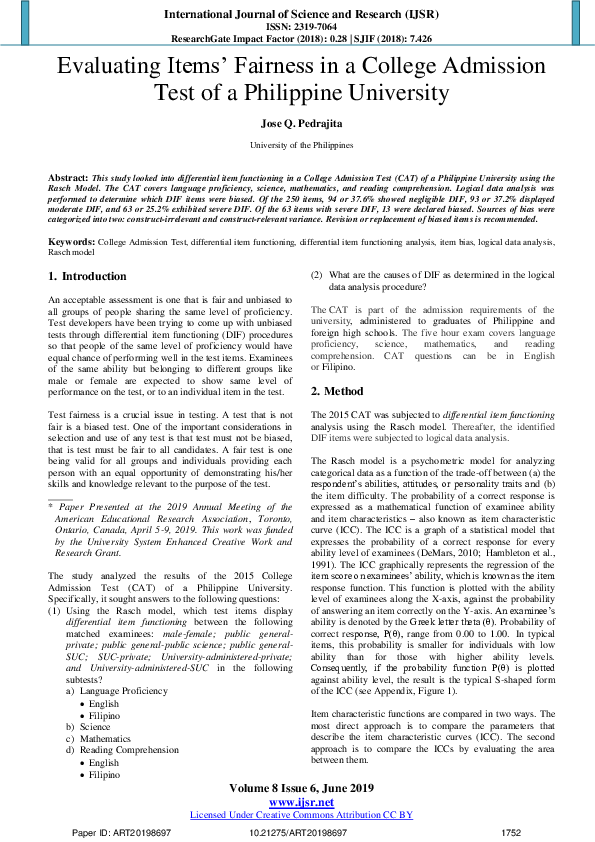 (PDF) Evaluating Items ‟ Fairness in a College Admission Test of a ...