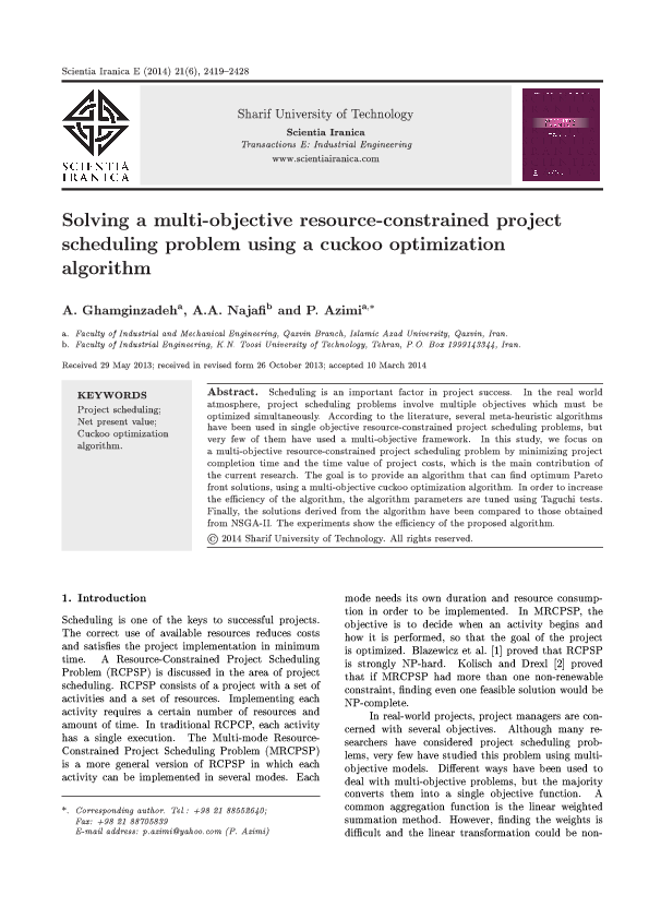 Pdf Solving A Multi Objective Resource Constrained Project Scheduling Problem Using A Cuckoo 9559