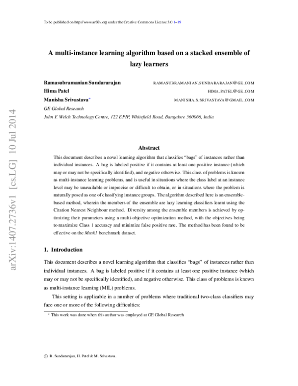 Pdf A Multi Instance Learning Algorithm Based On A Stacked Ensemble Of Lazy Learners