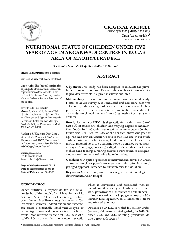 (PDF) Nutritional Status of children Under Five year of Age in Anganwadi Centres in Kolar area ...
